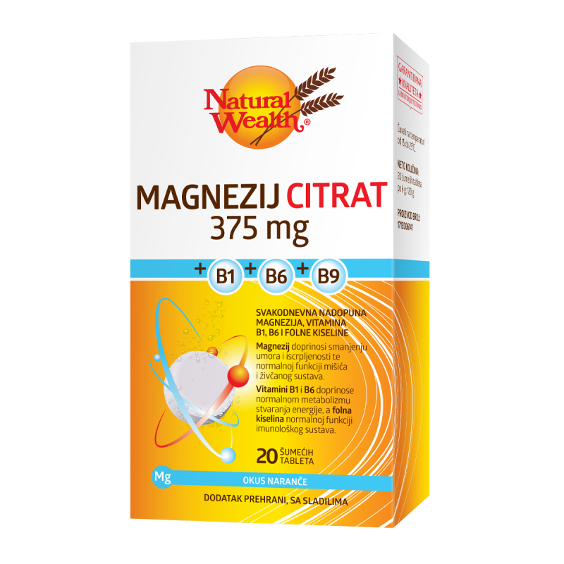 NATURAL WEALTH Magnezij citrat 375 mg + B1 + B6 + B9, Šumeće tablete ...
